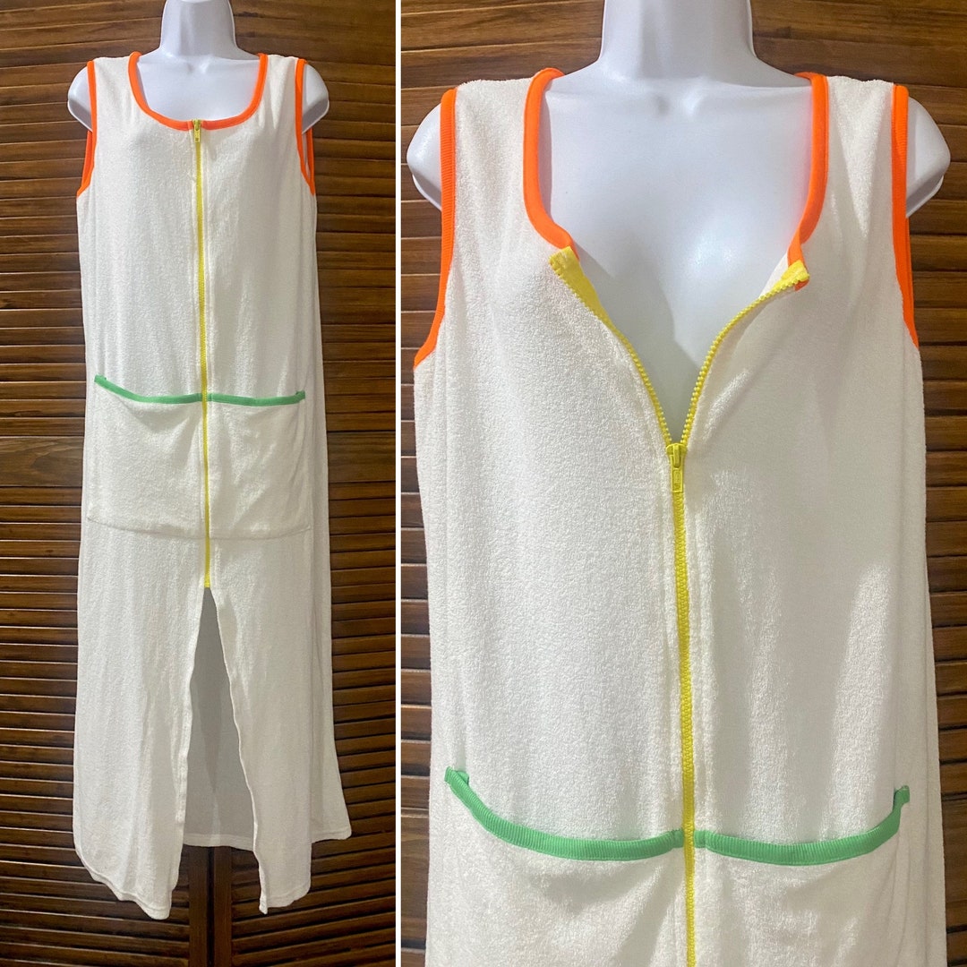 Vintage Avon Style White Terry Cotton Zip Front Cover up or Loungewear ...
