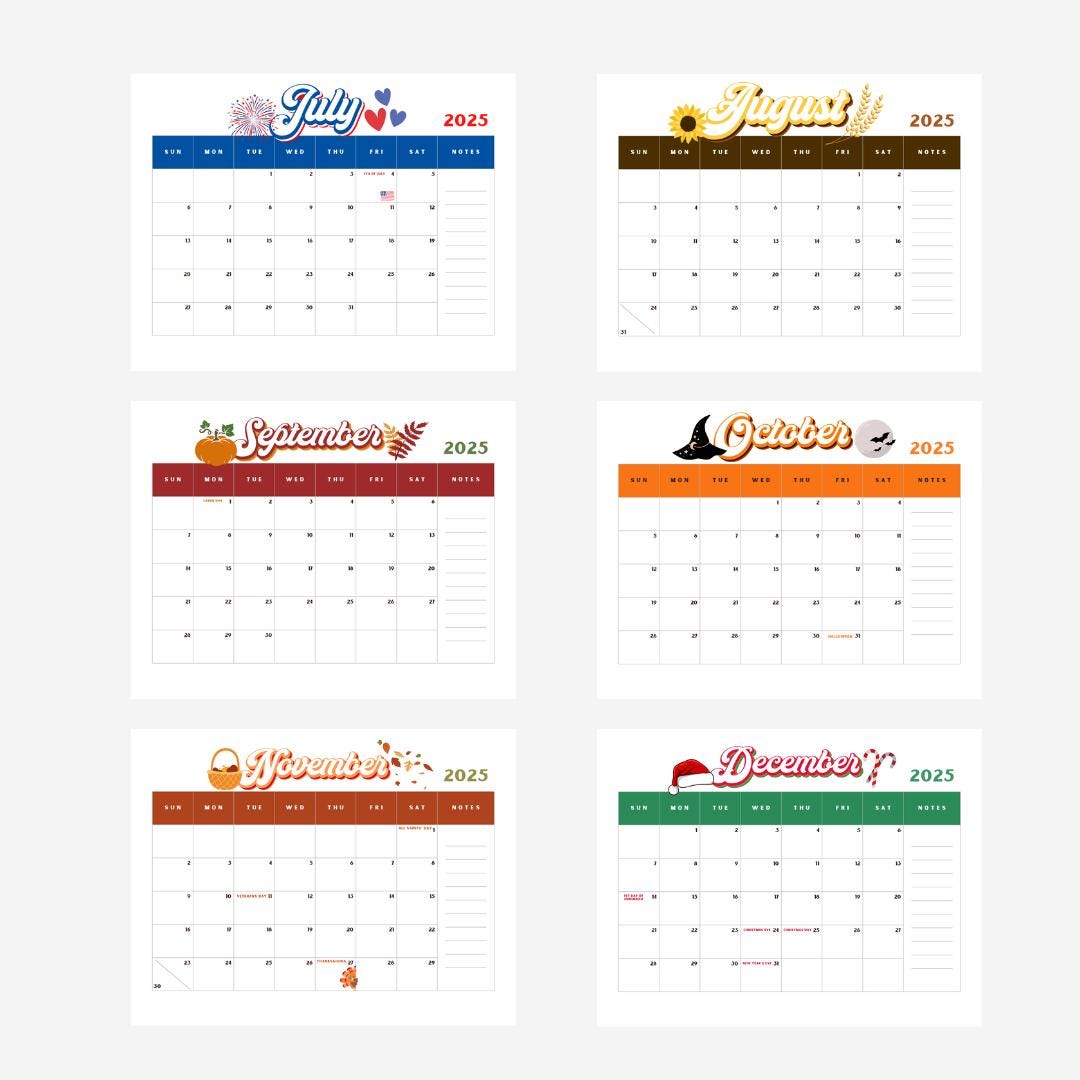 2025 Printable Monthly Calendar Pack With Notes Section, Sunday Start ...
