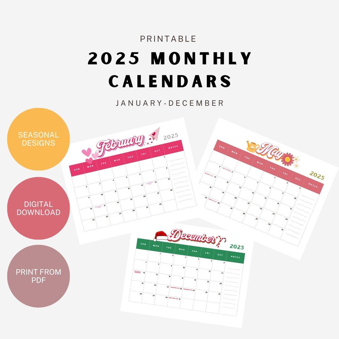 2025 Printable Monthly Calendar Pack With Notes Section, Sunday Start ...