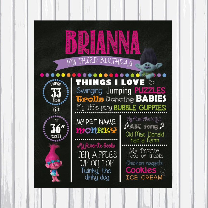 CUSTOMIZED Printable Trolls Chalkboard Sign KEEPSAKE - Etsy