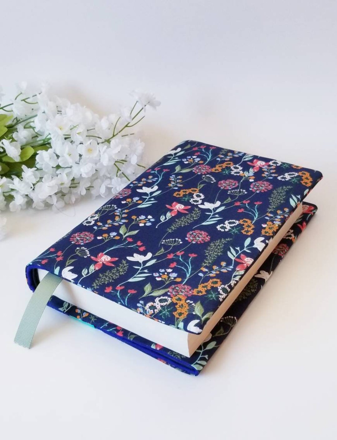 Floral Blue Fabric Bible Cover, Adjustable Journal Cover, Custom Fitted ...