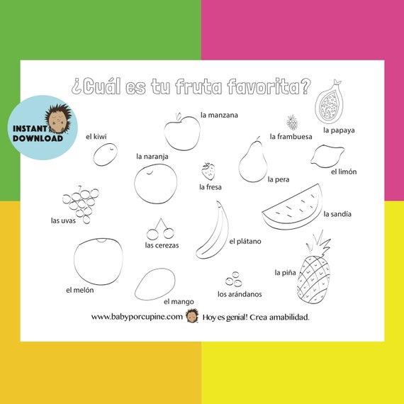 INSTANT DOWNLOAD Fruit Coloring Page in Spanish Printable or | Etsy