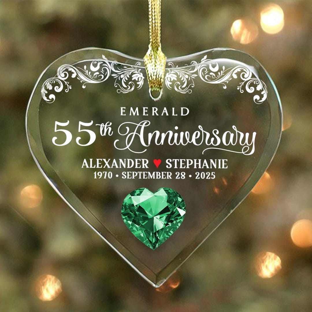 Emerald 55th Anniversary - Couple’s Glass Heart Ornament - Personalized ...