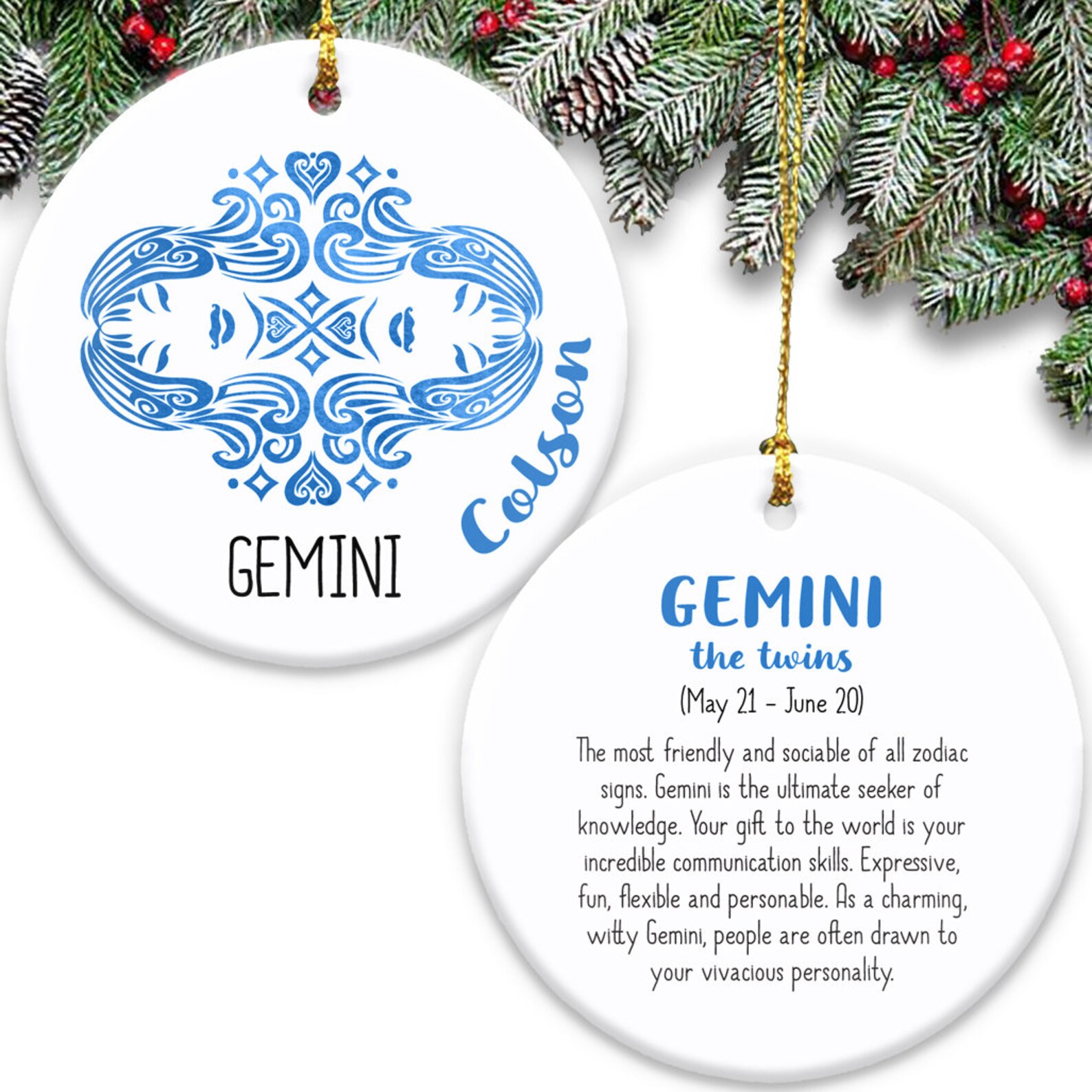 Personalized Gemini Zodiac Sign Double Sided Ornament - Etsy