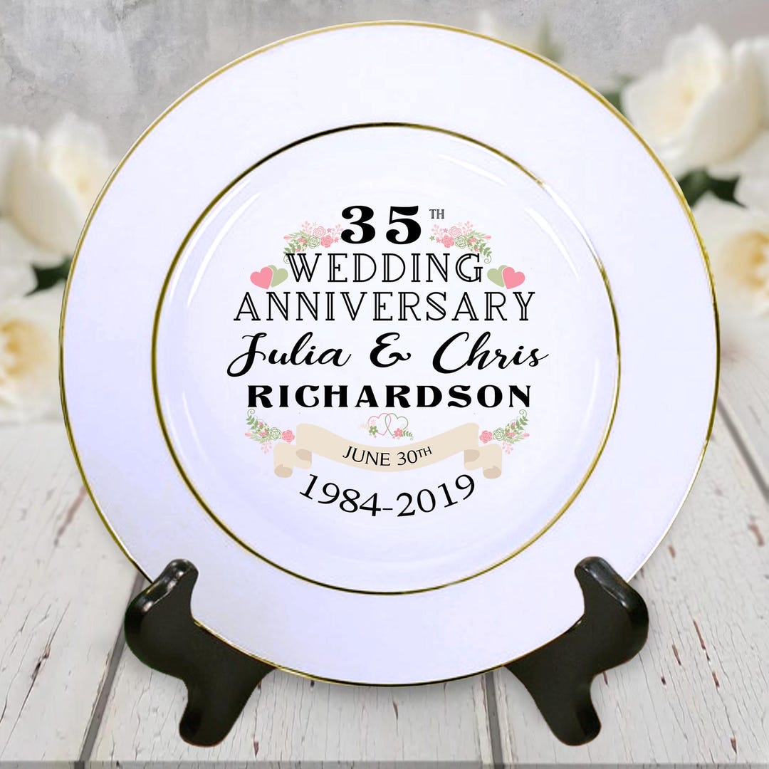 35th Wedding Anniversary Personalized Double Gold Banded Rim Plate ...