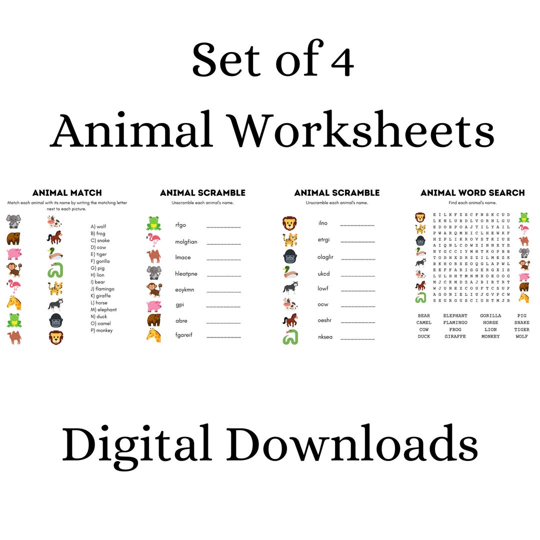 Set of 4 Animal Worksheets for Kids Digital Downloads - Etsy