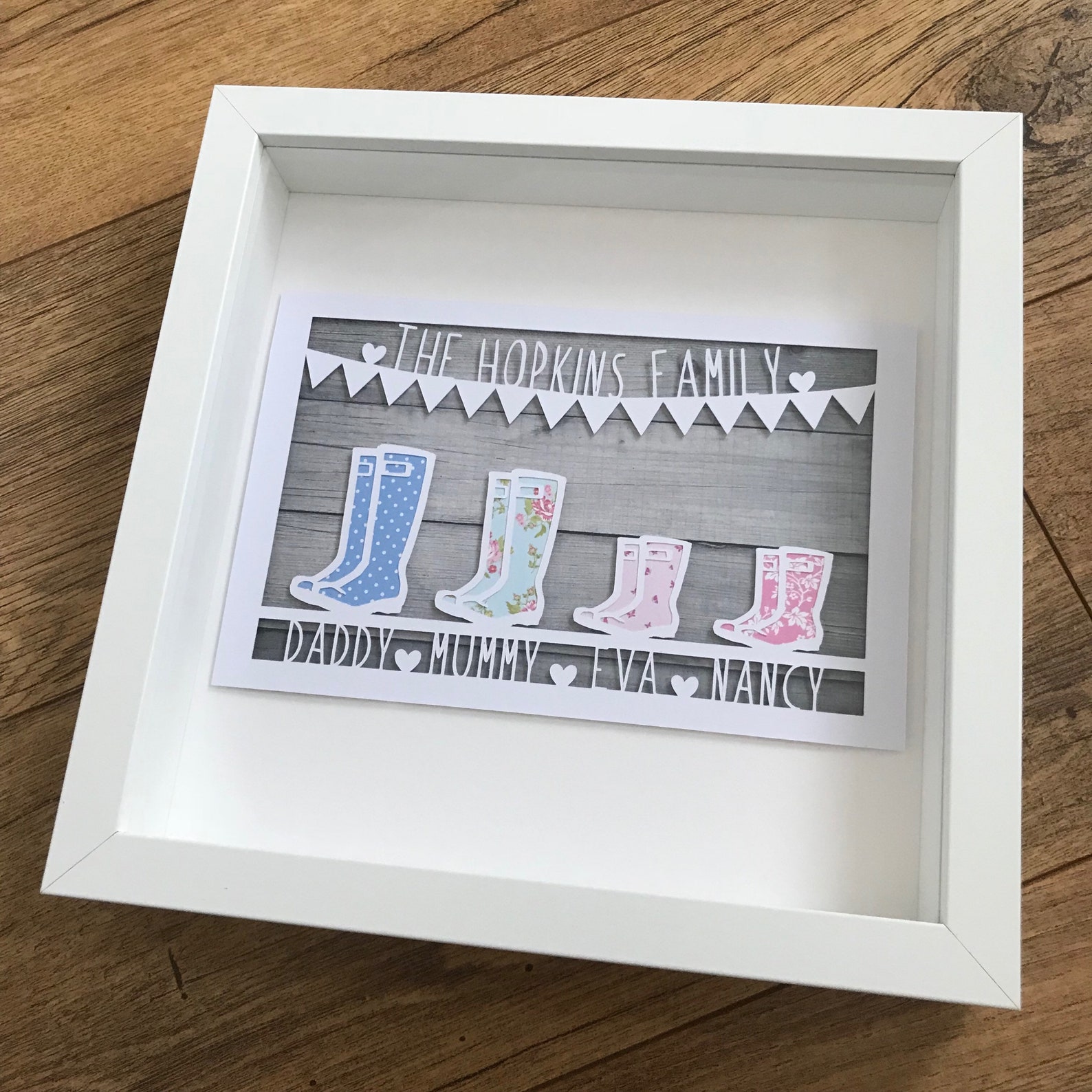 Personalised Welly Boot Paper Cut Box Frame Family Keepsake - Etsy UK