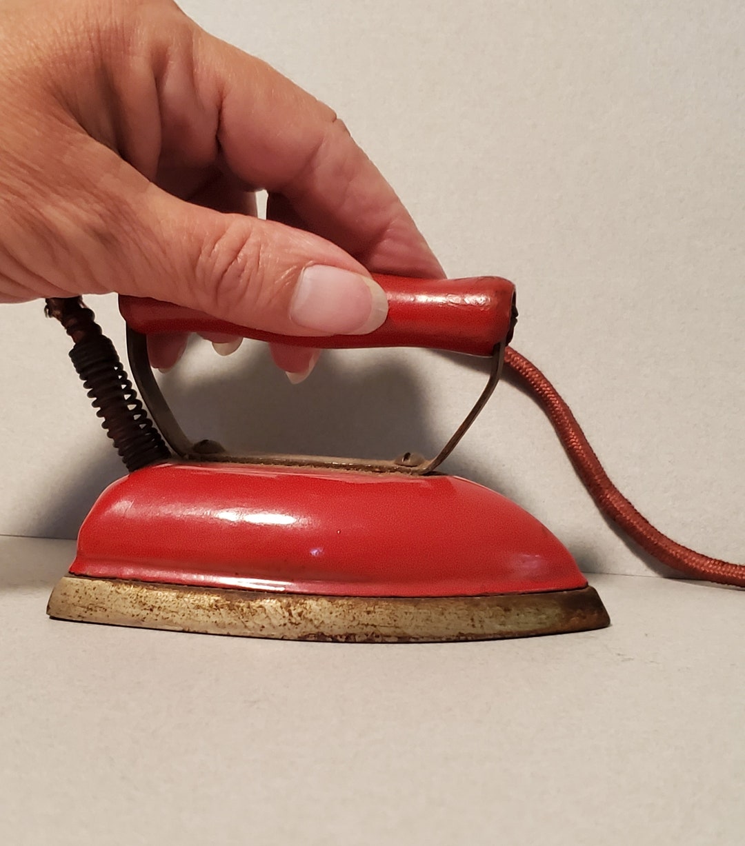Antique Electric Child's Toy Iron, Red Metal With Red Wood Handle ...