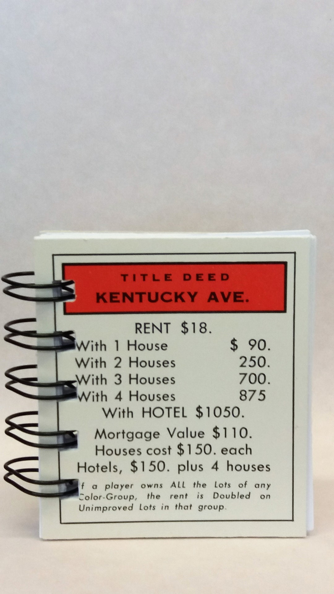 Kentucky Ave. Monopoly Notepad Journal, Spiral Bound Notebook, Actual ...