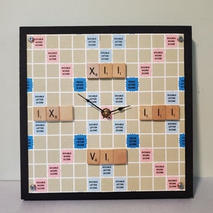 Scrabble Board Clock, Battery Operated Wall Clock, Roman Numerals, Actual Scrabble Board, Triple ...