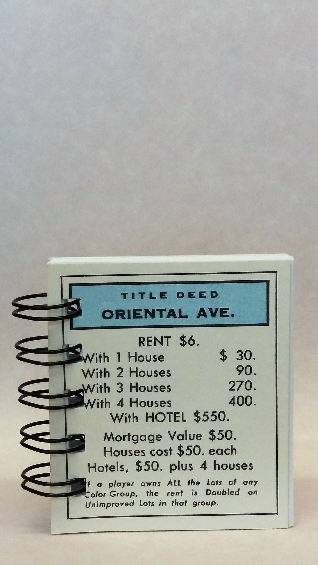 Oriental Ave. Monopoly Notepad Journal, Spiral Bound Notebook, Actual ...