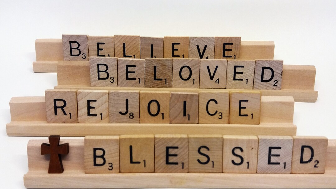 Believe, Beloved, Blessed, Rejoice, Vintage Scrabble Tile Sign, Table ...