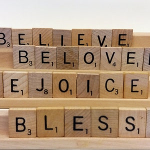 Believe, Beloved, Blessed, Rejoice, Vintage Scrabble Tile Sign, Table ...
