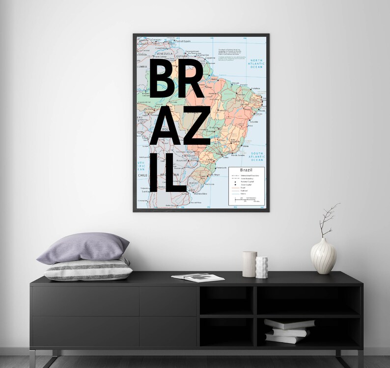 Brazil Art Print, Brazil Map, Travel Poster, Map Art, Central America ...