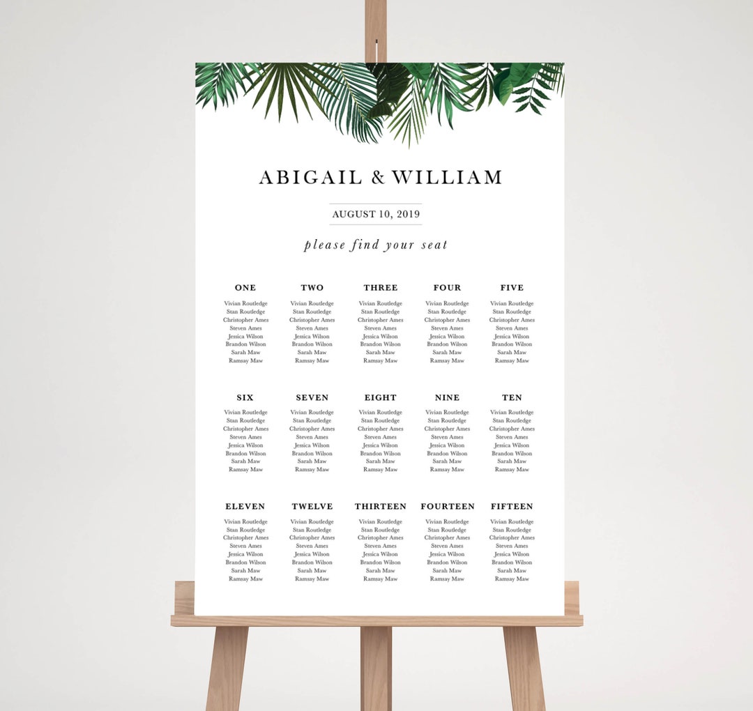Printable Seating Chart, Jungle Fern Wedding Seating Chart, Tropical ...