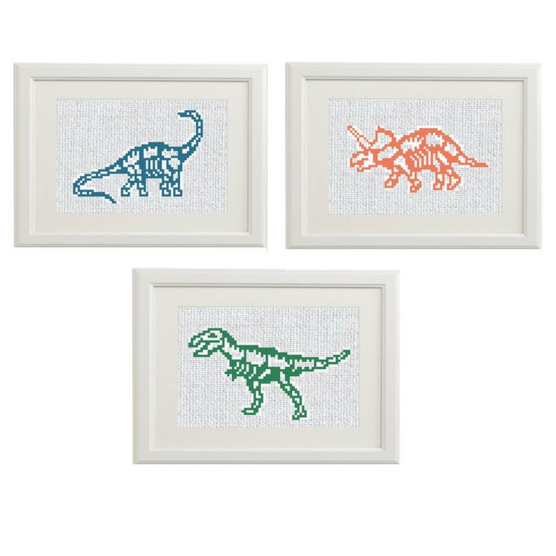 Dinosaur Cross Stitch Pattern, Brontosaurus, Tyrannosaurus, Triceratops ...