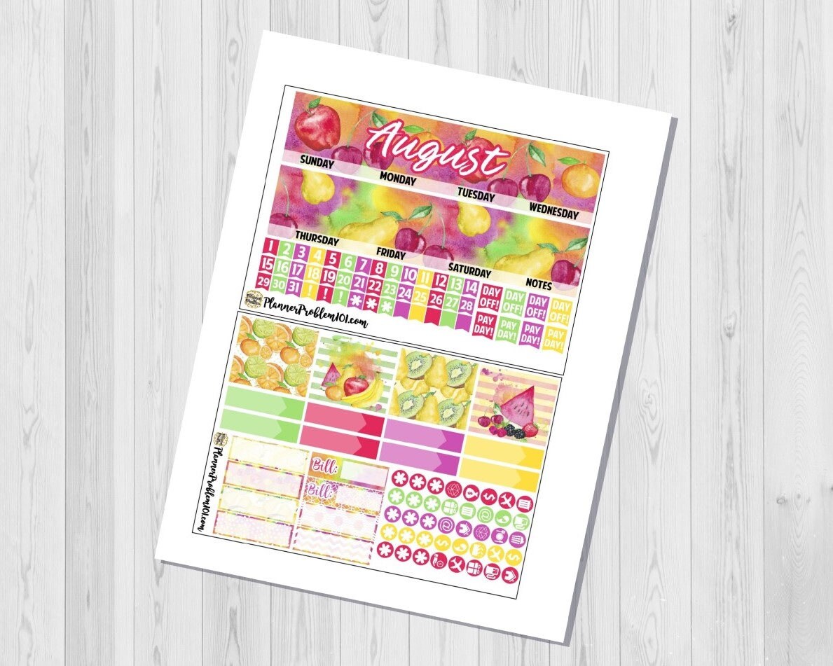 Fresh Fruit! // Printable August Monthly Planner Kit// 2 Pages // Fits ...