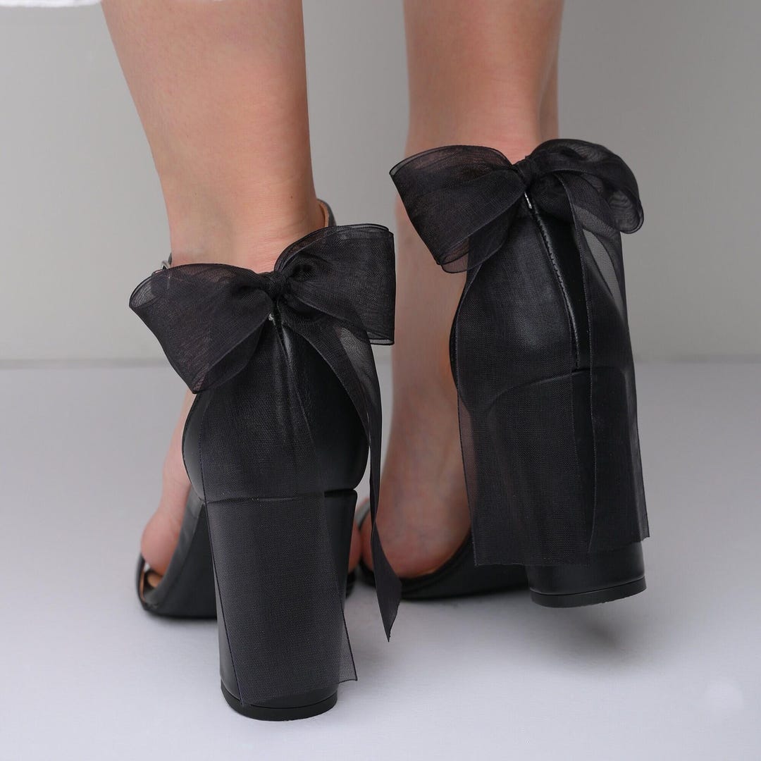Black Block Heel Evening Shoes: Leather Bridal Shoes With Bow - Etsy