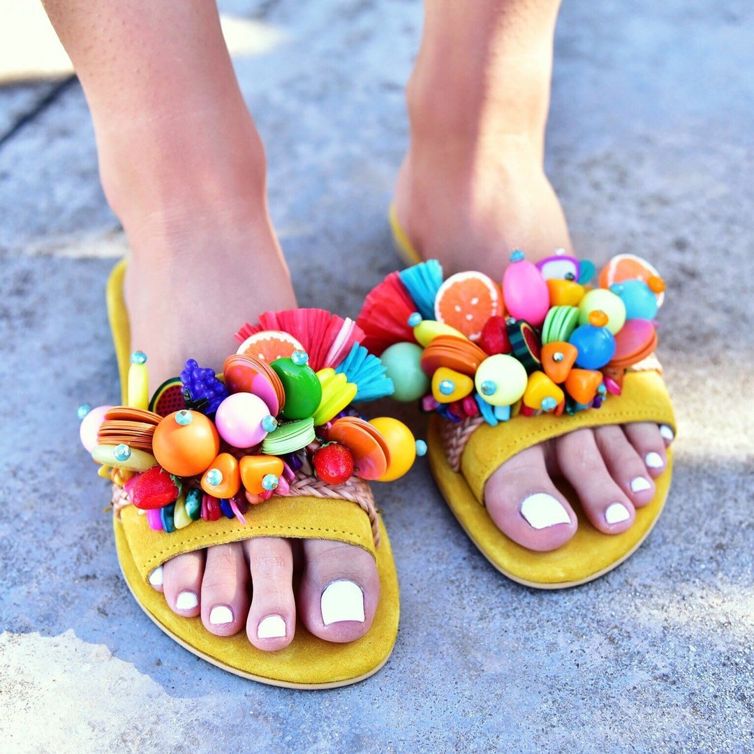 Boho Sandals Yellow Leather Sandals Greek Sandals Beaded Sandals Summer Sandals Handmade