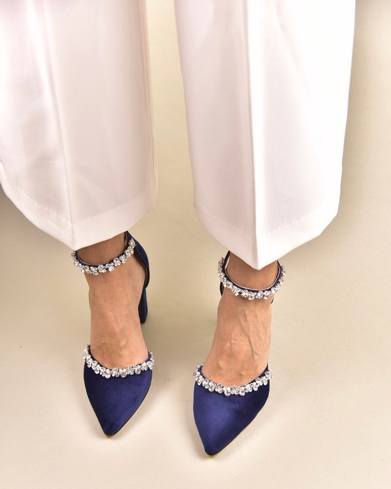 Dark Blue Block Heel Sandals Wedding Shoes Dark Blue Velvet | Etsy