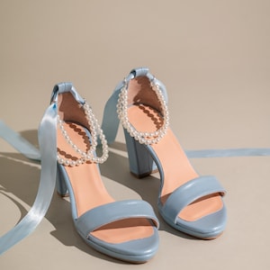 Light Blue Leather Platform Block Heel Wedding Sandals With Double ...