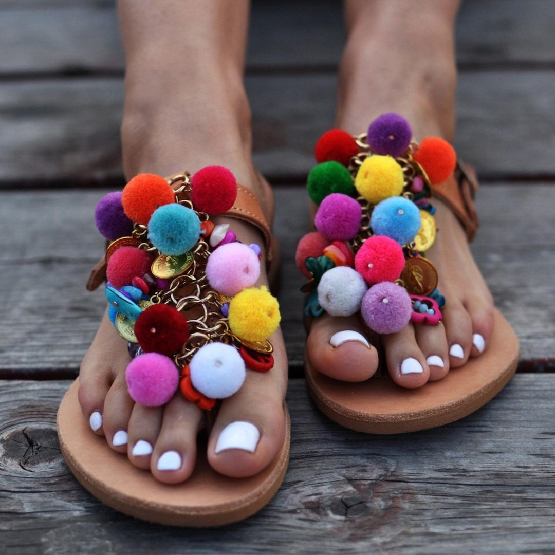 Boho Leather Sandals, Colorful Pom Poms, Greek Style - Etsy