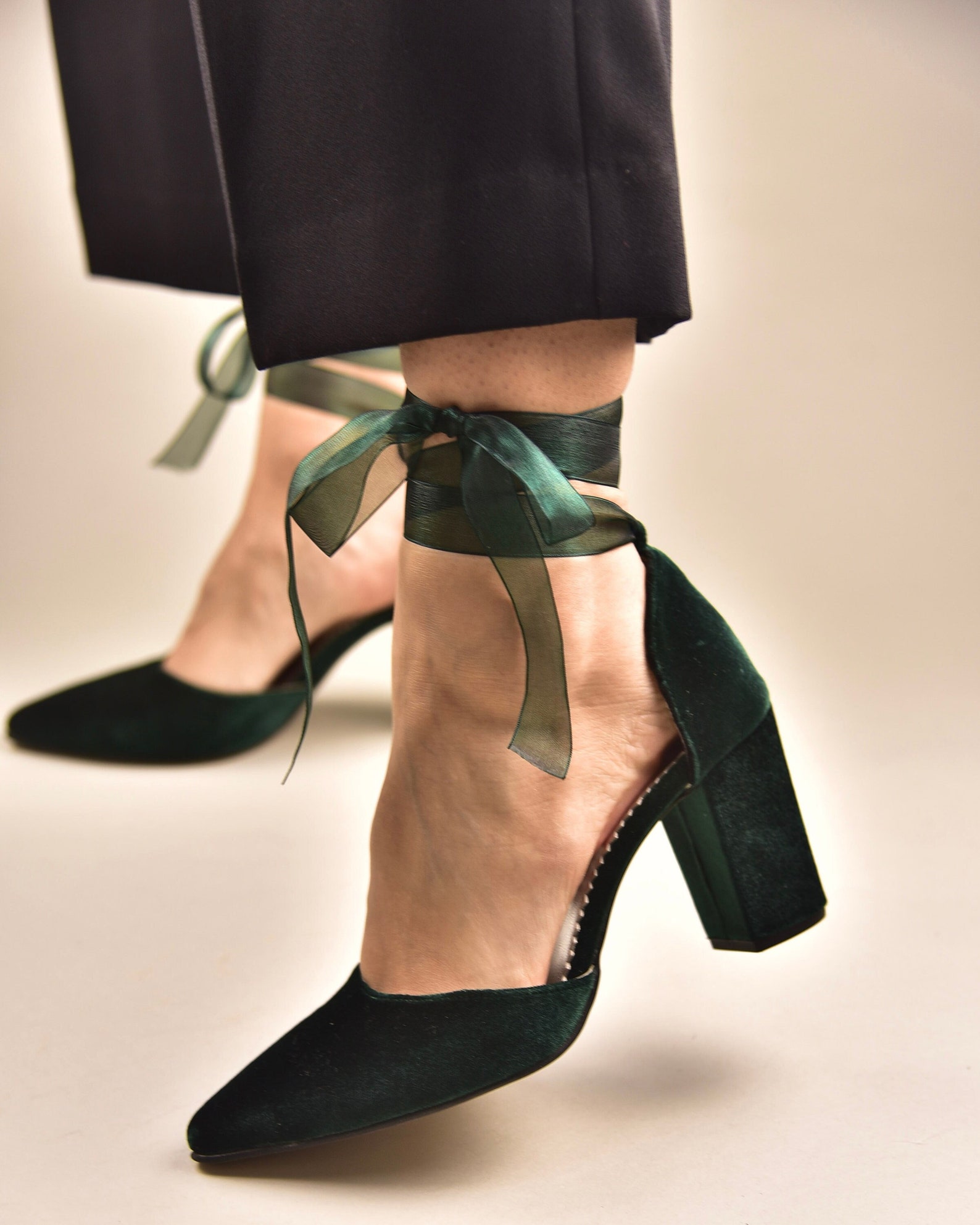 Dark Green Velvet Block Heels Pointed Toe Green Wedding - Etsy