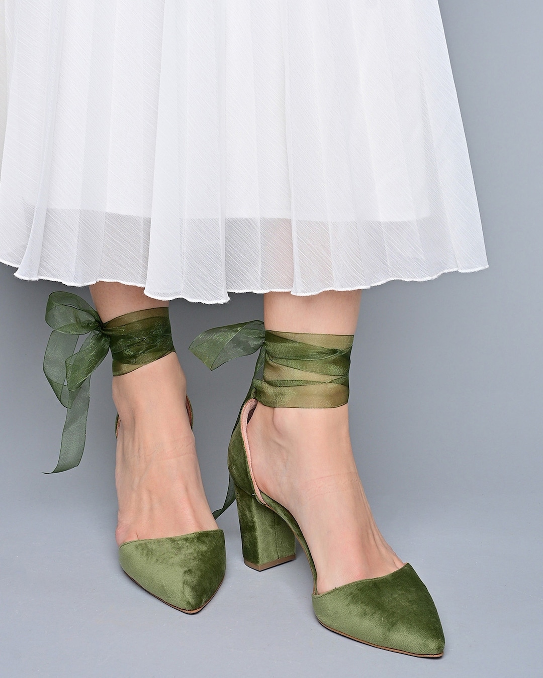 Sage Green Velvet Block Heels, Green Wedding Shoes, Pointed Toe Green ...