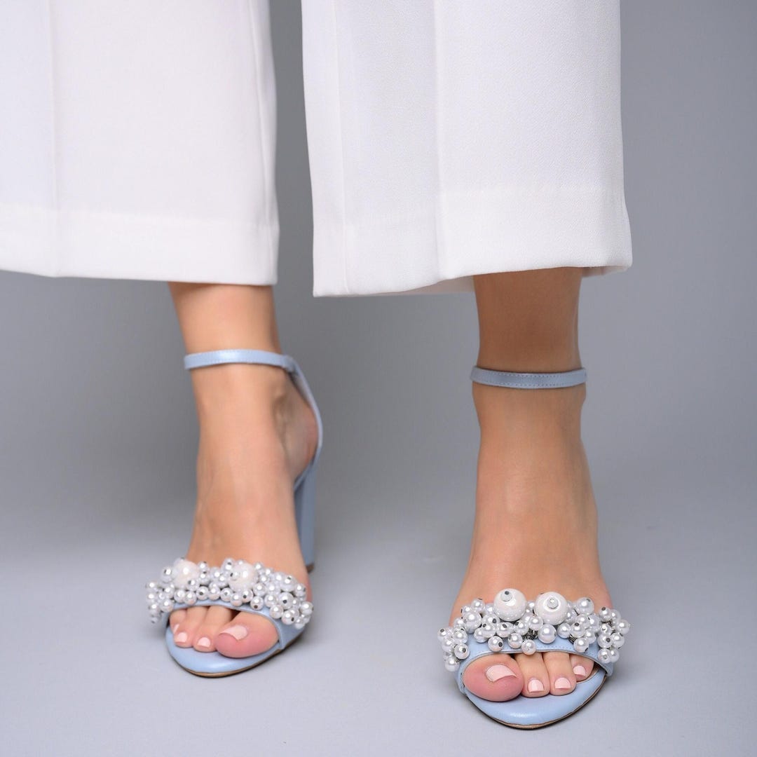 Light Blue Pearl Wedding Shoes: Handmade Leather Block Heel Bridal ...
