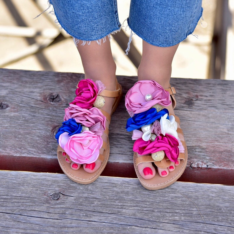 Boho Greek Leather Sandals for Women With Fuchsia Flowers, “peonia ...