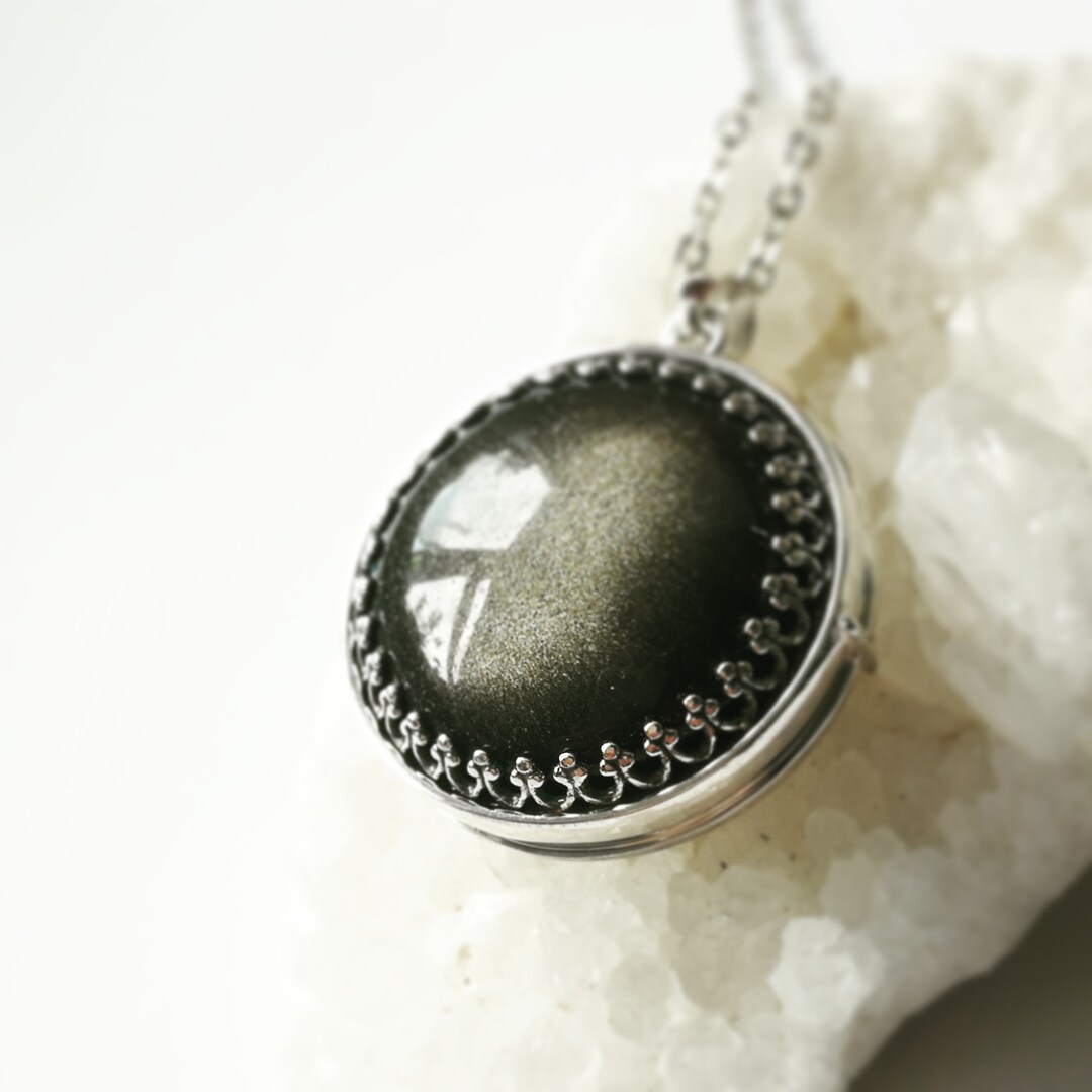 Sterling Silver Gold Obsidian Locket, Gemstone Photo Locket, Photo ...