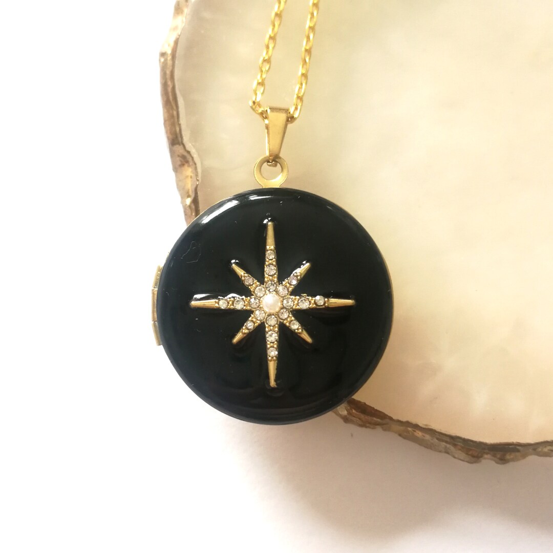 Black Enamel Gold North Star Locket Necklace, Personalised Photo Gift ...