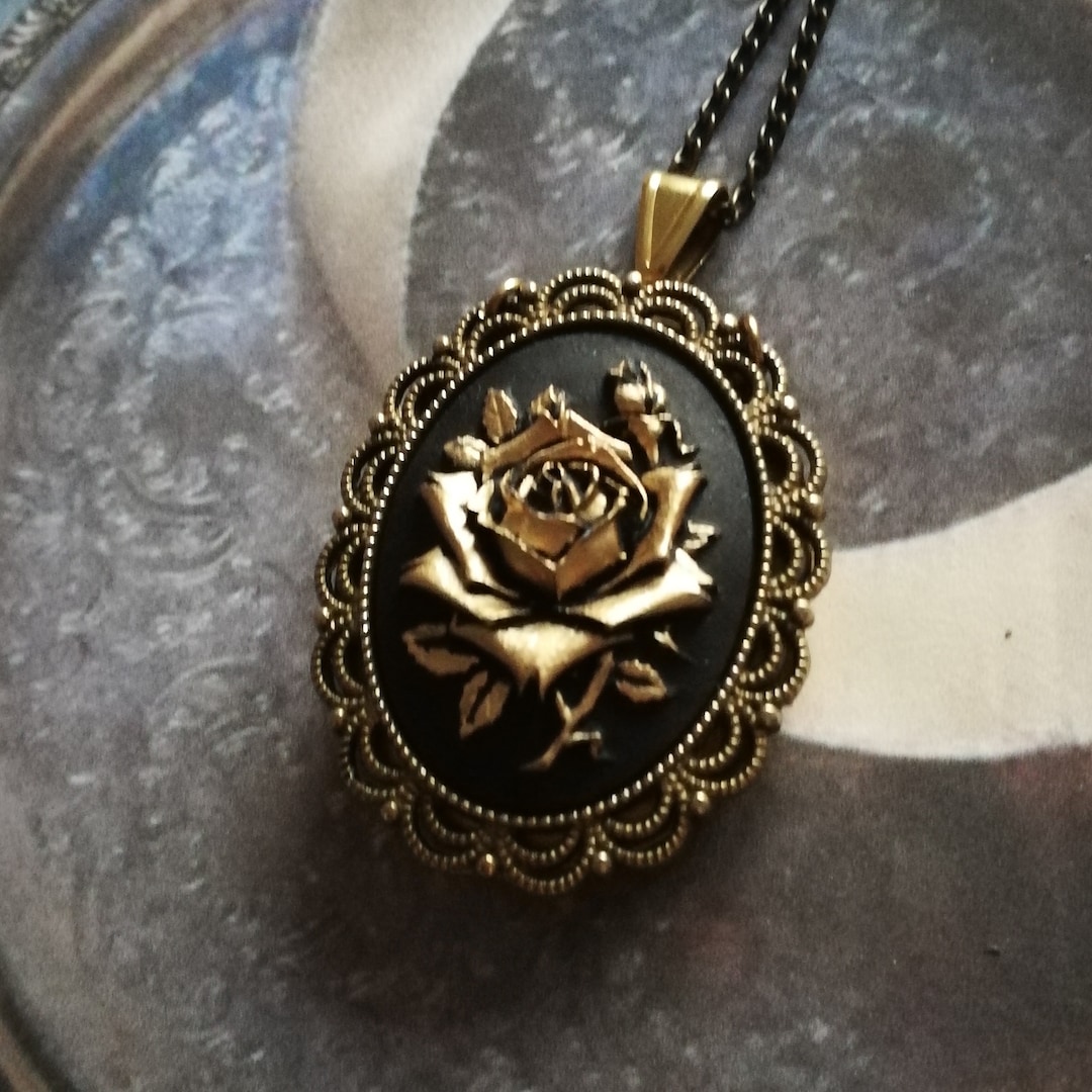 Gothic Rose Photo Locket: Black & Gold Victorian Necklace - Etsy