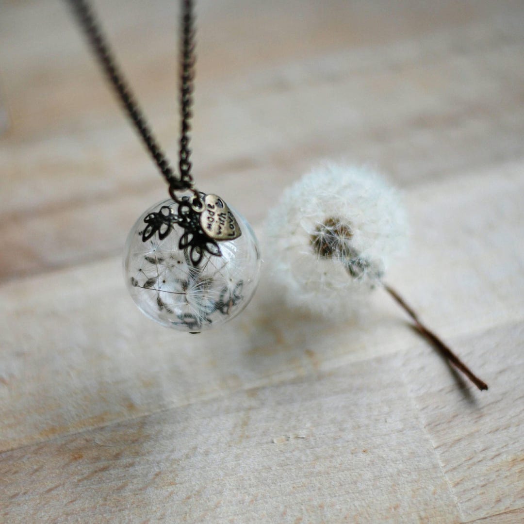 Dandelion Seed Necklace: Glass Globe, Make a Wish, Terrarium, Bronze ...