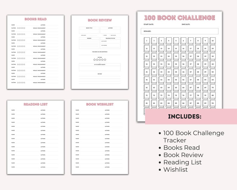 100 Book Challenge Tracker: Printable Reading Log (digital Download) - Etsy