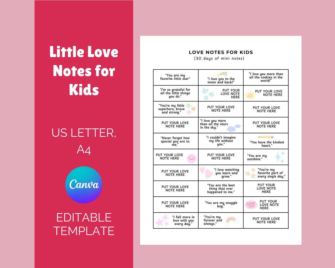 30 Printable Love Notes for Kids: Lunchbox Encouragement Cards (PDF) - Etsy