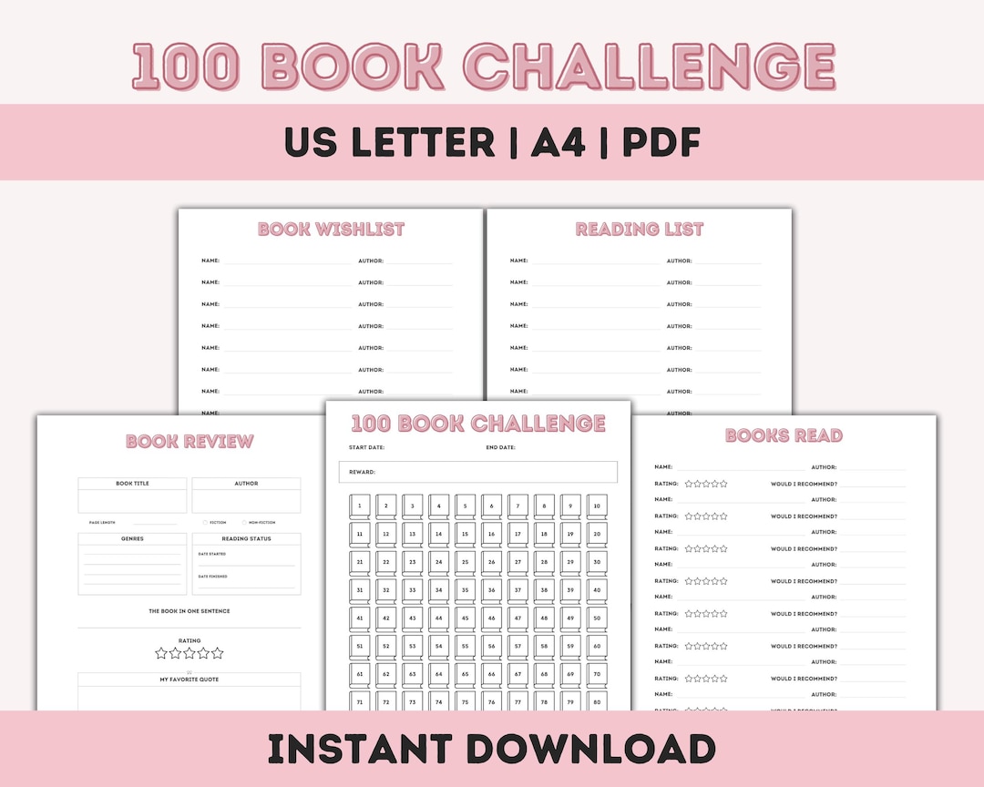 100 Book Challenge Tracker, Printable Reading Log & Book Tracker ...