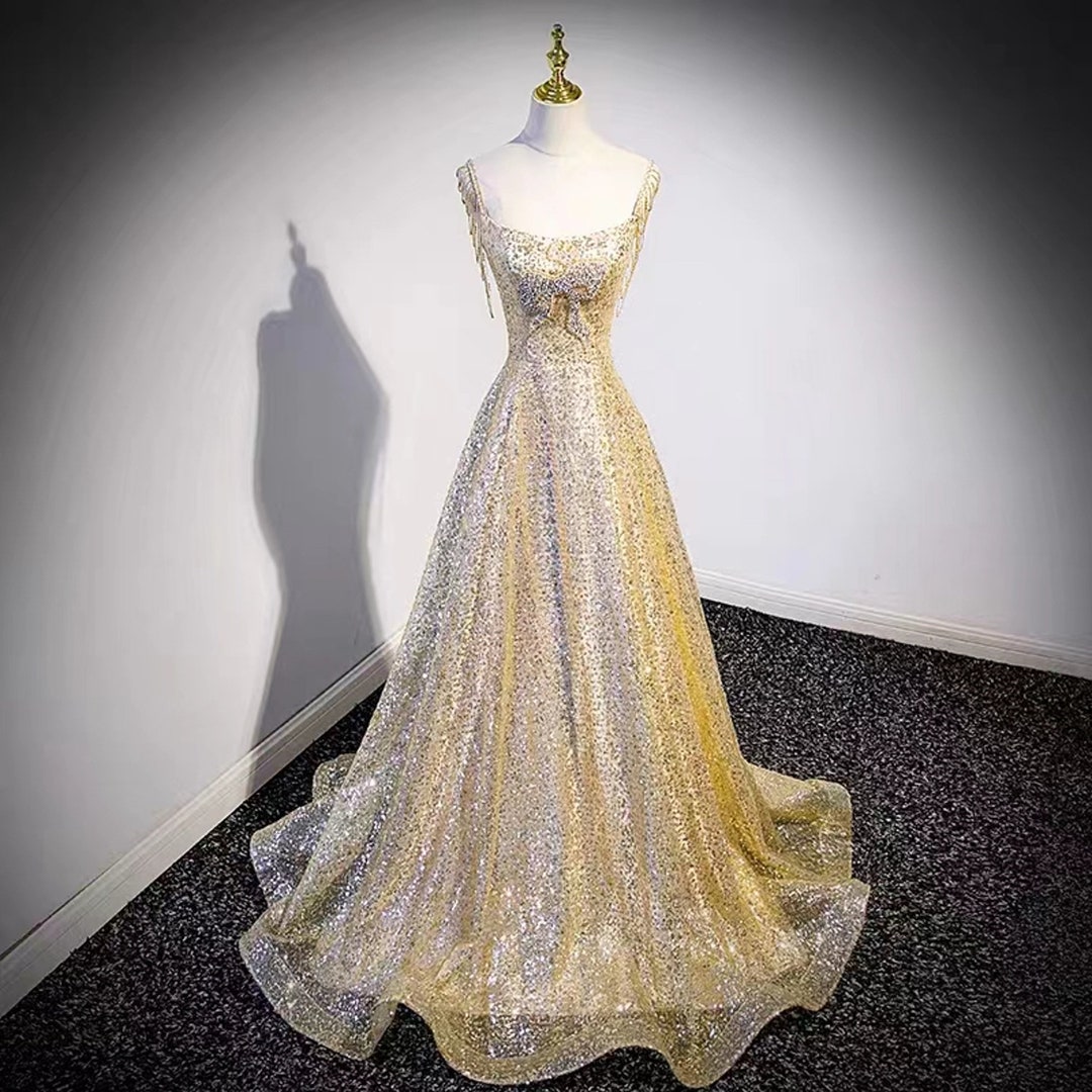 Charming Senior A-line Gold Long Prom Dress,elegant Party Dress,evening ...