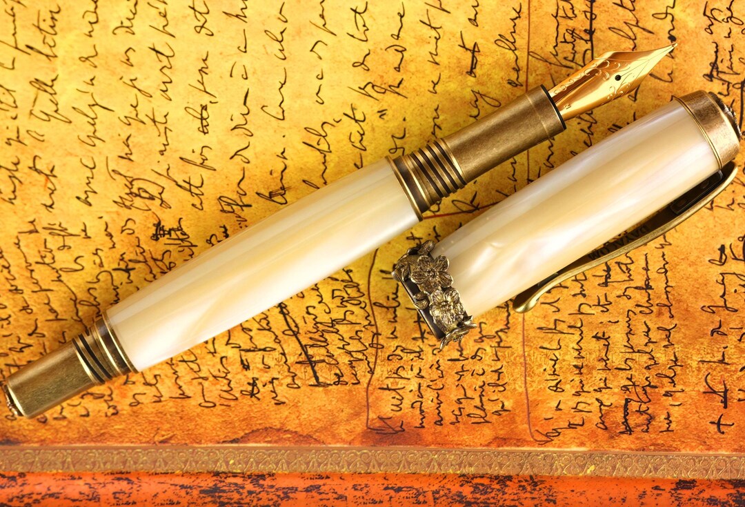 Botanical Calligraphy Fountain Pen - Engravable & Handmade Ivory Pearl ...