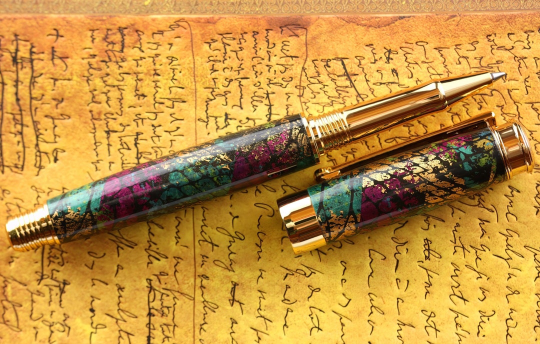 Rollerball Pen - Engravable & Handmade Gold, Green and Purple Japanese ...