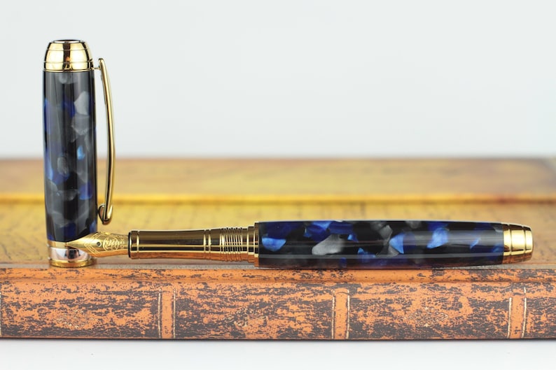 Fountain Pen - Handmade Erinoid Impero Black and Blue Body - Bock 23K ...