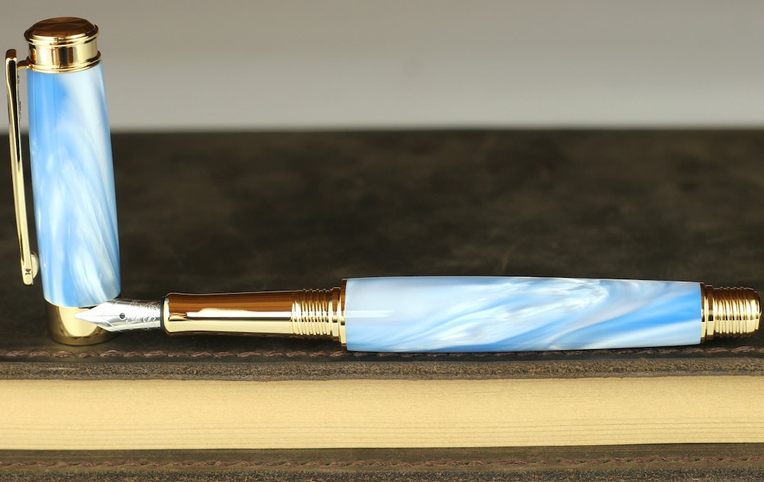Calligraphy Fountain Pen - Engravable & Handmade Sky Blue Pearl Acrylic ...