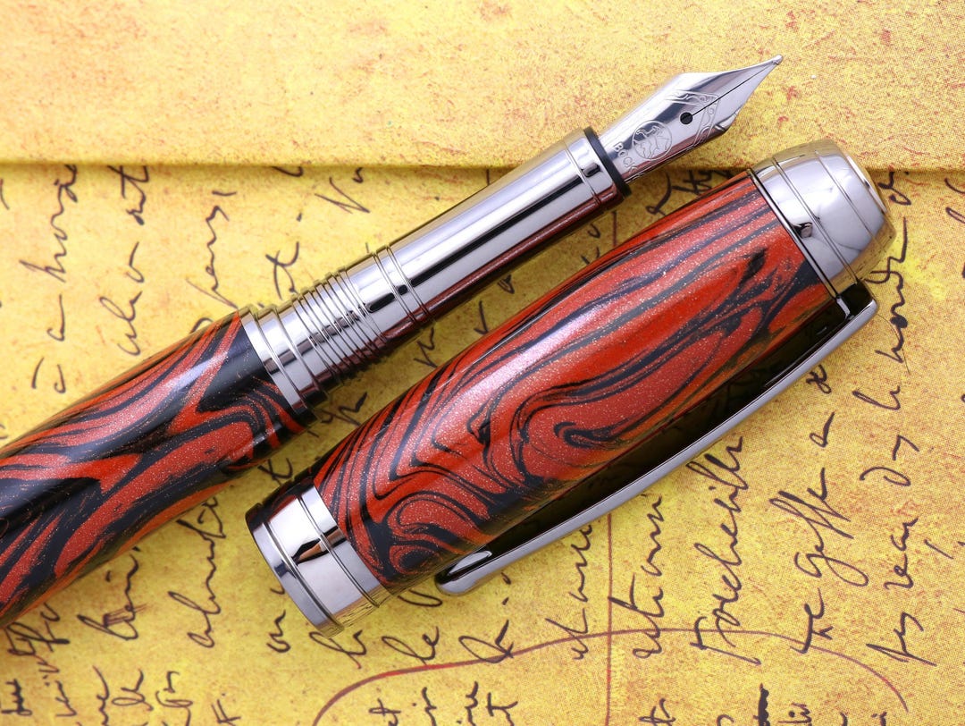 Fountain Pen - Mokume Metal Composite Black & Red Swirl Body - Bock ...