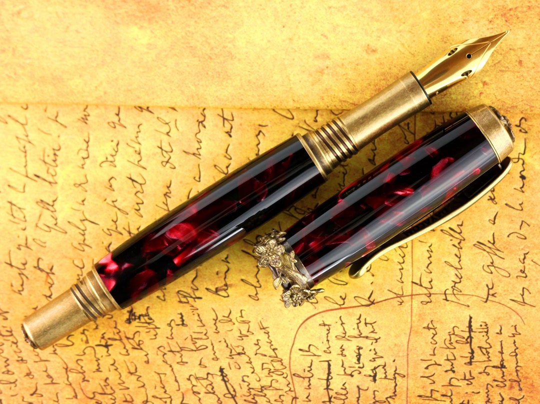 Handmade Botanical Fountain Pen: Vintage Erinoid Ruby Red Acrylic, Jowo ...