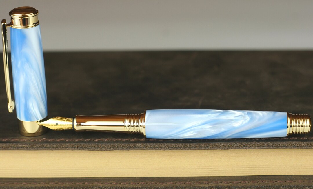Fountain Pen - Handmade & Engravable Sky Blue Pearl Acrylic - Bock 18K ...