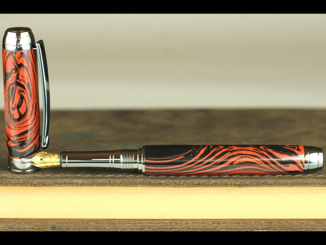 Fountain Pen - Mokume Metal Composite Black & Red Swirl Body - Beaufort ...