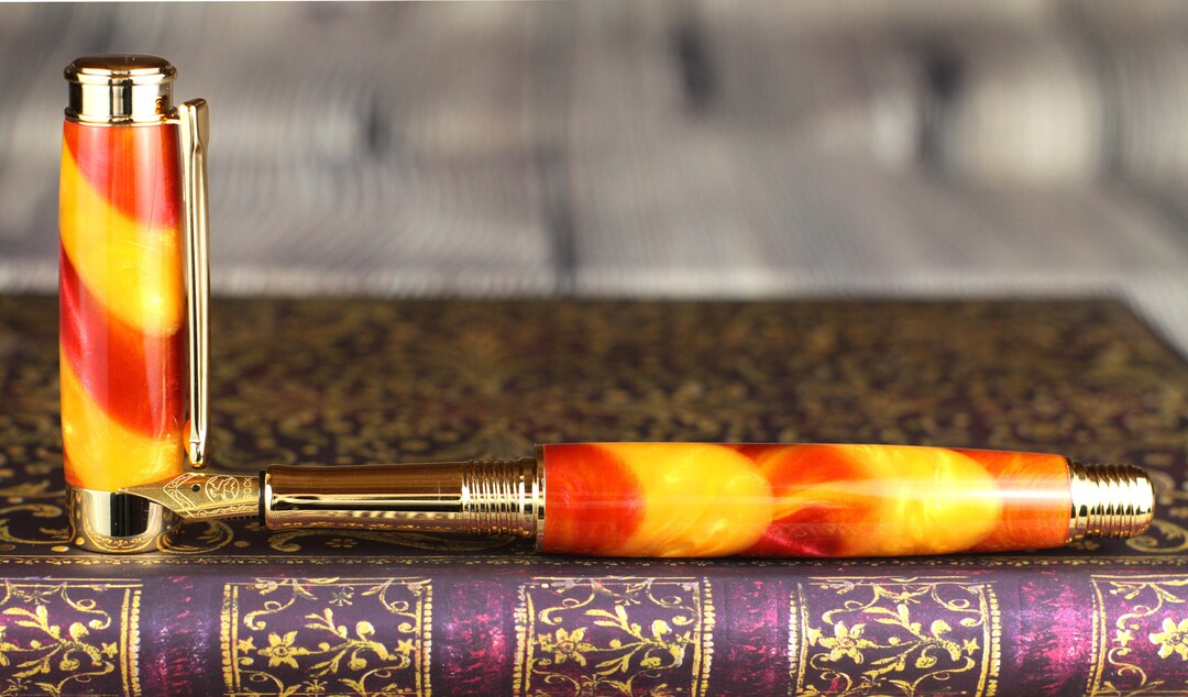 Fountain Pen - Engravable & Handmade Red and Yellow Stripe Acrylic ...