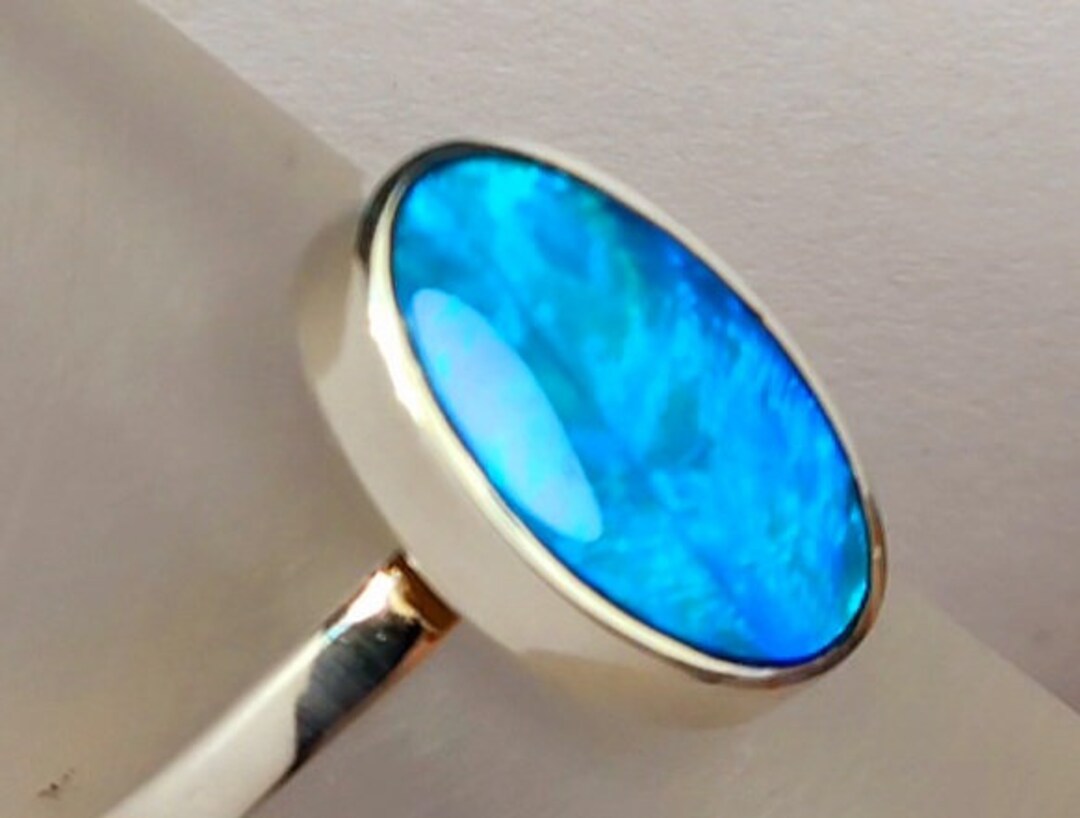 Deep Ocean Blue GEM Australian Opal Inlay on Black Boulder Solid ...