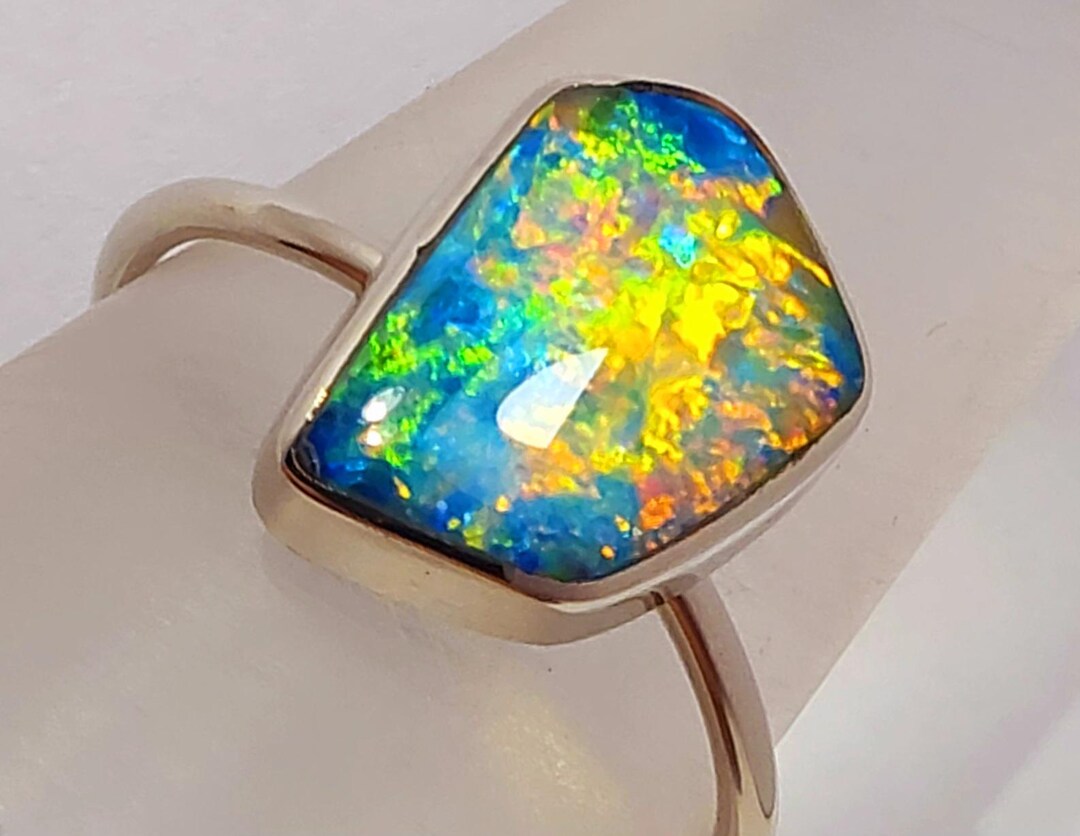 Free Sizing! Extreme NEON Rainbow Gem Australian Opal Inlay on Black ...