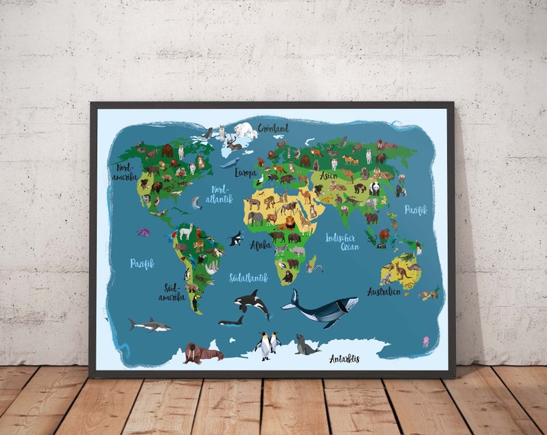 Art Print - Illustration World Map Animals Poster - Etsy UK